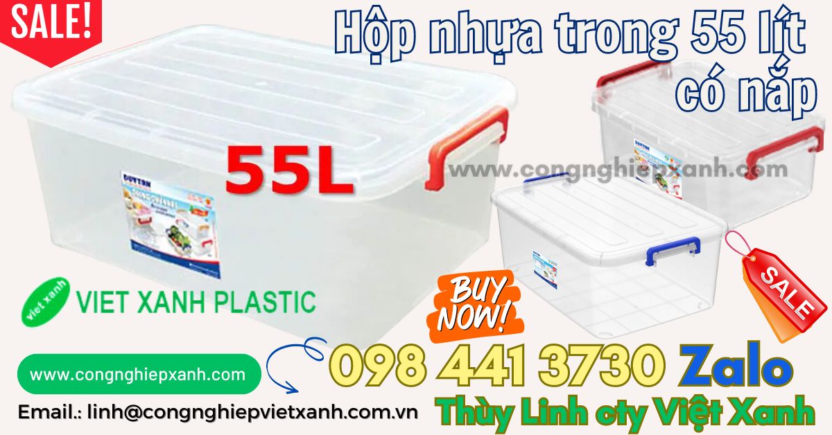 Hộp nhựa trong 55 lít có nắp – Pallet nhựa Việt Xanh